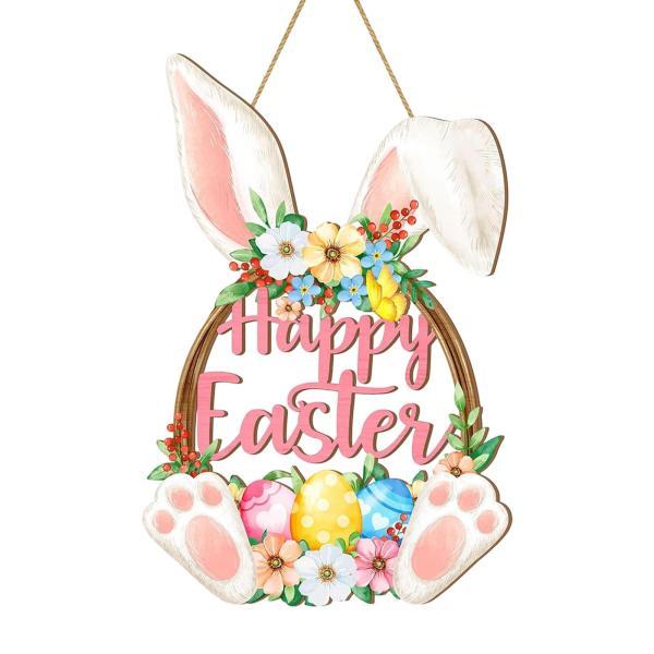 説明:[お祝いの装飾]イースターバニードアサインは.明るいイースターカラーと魅力的なウサギのデザインが特徴で.イースターエッグと花が添えられ.「Happy Easter」という言葉がプリントされています. [素材]: このイースター木製吊り...