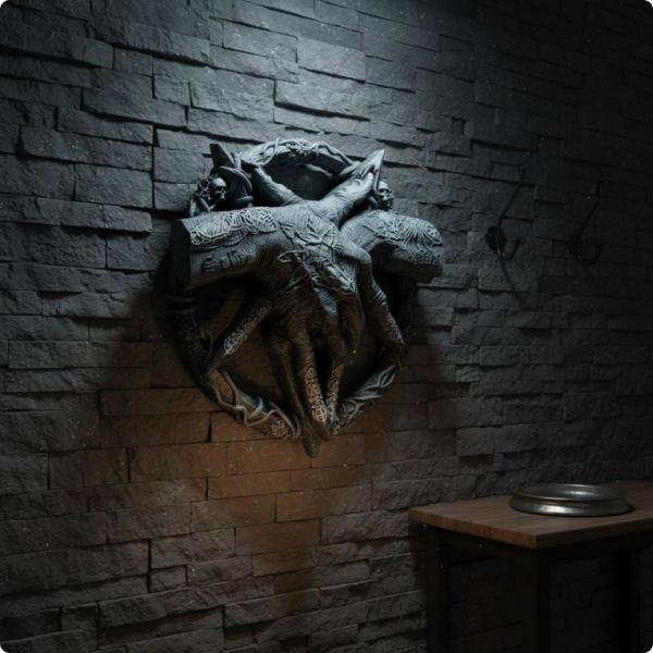 【デザイン】: 悪魔の手像を題材にした角付きハンドオブジェで、ひと目でゴシックな存在感を放つ造形です。ねじれた輪と指の流れが立体感を強め、空間のアクセントとして映えます。【用途】: 室内装飾として飾りやすい置物で、棚やデスク、玄関まわりに置...
