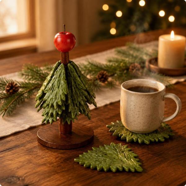 【基本内容報】: クリスマスツリー鍋敷きとして使える、木製ツリーコースター風のデザイン。食卓に置くだけで季節感が出て、テーブル雑貨としても映えるインテリア性の高いアイテムです。【耐熱機能】: 熱くなった鍋やポットを直接置きやすく、卓上プレー...