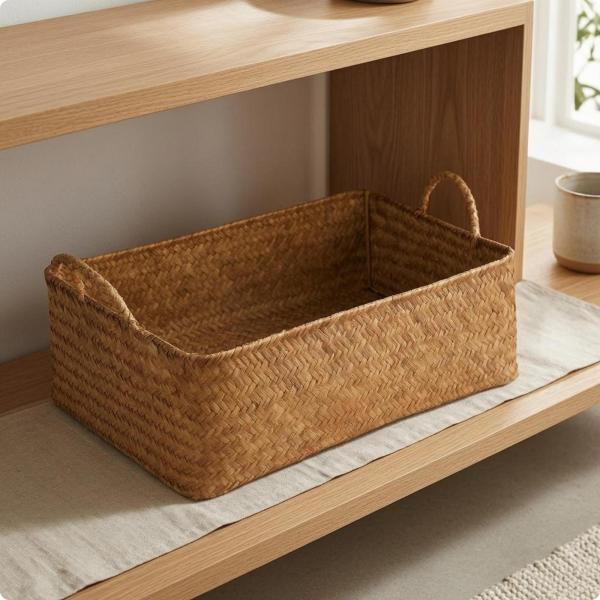 【素材】: 天然のストロー素材を手編みで仕上げた収納用品で、自然な風合いと素朴な質感が魅力です。【形状】: 長方形バスケットのすっ整然とした形で、棚やテーブル、キャビネットに置きやスイカごです。【持ち運び】: 両側の取っ手付きかごなので、持...