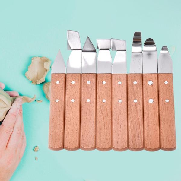 説明:[ナイフ8本セット]陶器彫刻ツールセットには.トリミング.モデリング.彫刻など.ほとんどの工作ニーズを満たすために使用できる8つの異なる形状のトリミングナイフが含まれています[ステンレススチールカッターヘッド]粘土トリミングナイフの刃...