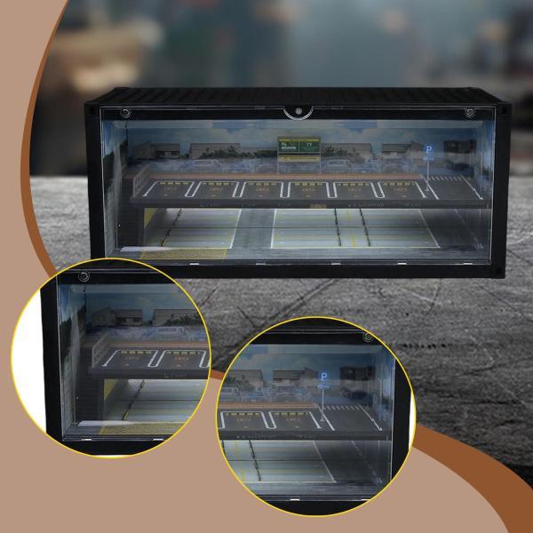 説明: [1/64 風景シミュレーション駐車場]: 1/64 ダイキャストモデルの保管と展示のためのコレクションディスプレイショーケース [ガレージディスプレイケース]: 1/64スケールの模擬駐車場シーンとライト付き.フィギュア.車のモデ...