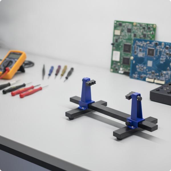 【基詳細報】: これは、PCB基板やマザーの修理部品を保持するための作業用具で、はんだ付け補助クランプとして組み立て、修理、分解の場面で使える基板固定具です。【保持機能】: 2本の支柱と横バーに取り付けられたクランプが基板をしっかり支え、P...