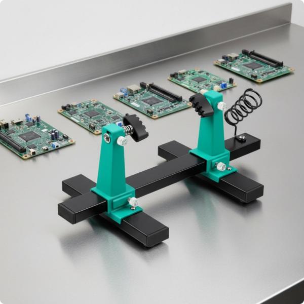 【基詳細報】: これは、PCB基板やマザーの修理部品を保持するための作業用具で、はんだ付け補助クランプとして組み立て、修理、分解の場面で使える基板固定具です。【保持機能】: 2本の支柱と横バーに取り付けられたクランプが基板をしっかり支え、P...