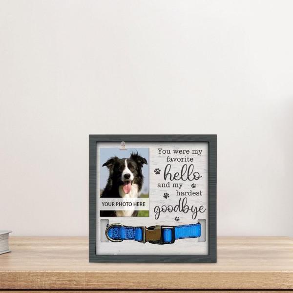 説明: Design collarマウント付きのこのペット記念額の額縁を使用すると.首輪を取り付けて愛するペットの生活を称え.その記憶を大切にします.推奨される襟の長さ5.1インチ両面デザイン]この木製のフォトフレームは.最愛のペットの写真...