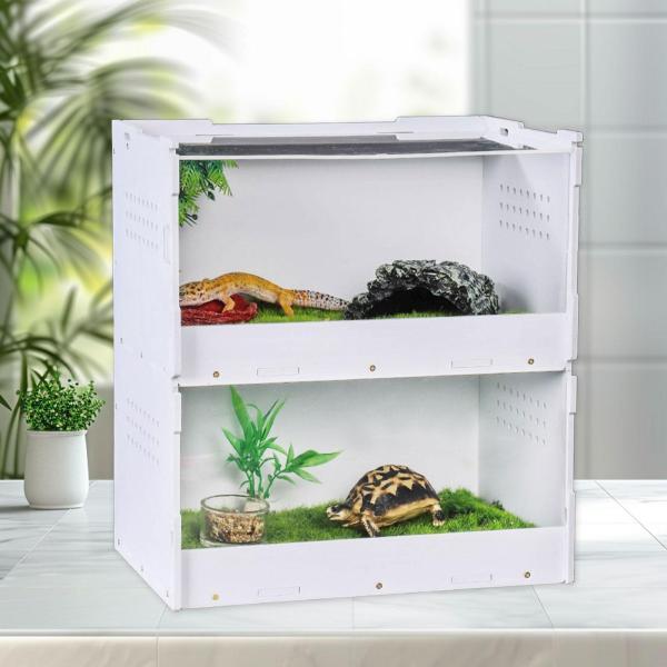 説明:[2段設計]: 2 in 1爬虫類テラリウムタンクは.積み重ね可能な2段構造で.複数の小型ペットを飼育したり.異なる種類のペットを隔離したり.明確なゾーンを作ったりするのに最適です.各段には独立した開閉扉が付いているので.給餌や掃除が...