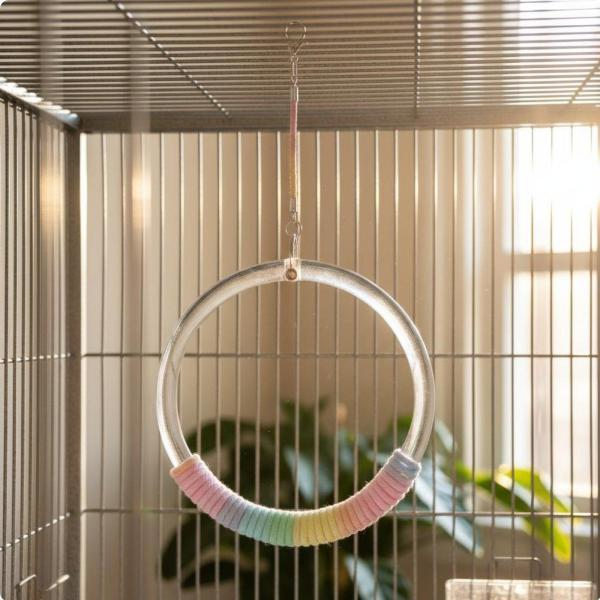 【基本情報】: 透明感のあるクリスタル素材を使用した、おしゃれで実用的なペット用品です。【主な機能】: 揺れる動きで鳥のストレスを解消し、運動不足を補う鳥用おもちゃとして最適です。【ユニークな特徴】: 虹色のコットンロープが巻き付けられたバ...