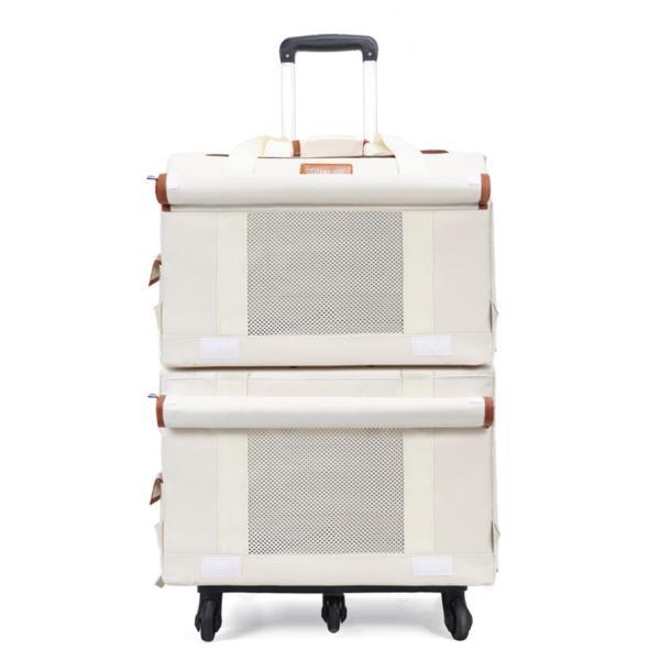 【製品概要】: 2匹のペットを同時に、または上下に分けて運べる2段式構造を採用した、スーツケーススタイルの画期的なペット用品です。【基本機能】: 4輪のローリングホイールと伸縮式のプルハンドルを搭載し、重さを感じずスムーズに移動できるキャス...