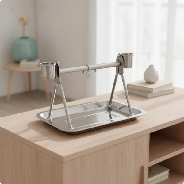 【製品概要】: 卓上で愛鳥とのコミュニケーションを深めるために設計された、なステンレス製の卓上鳥用スタンドです。【基本機能】: 中央に配置された頑丈な止まり棒に加え、左右にフードや水を入れられる2つの金属製カップを備えたエサ入れ付き鳥用スタ...