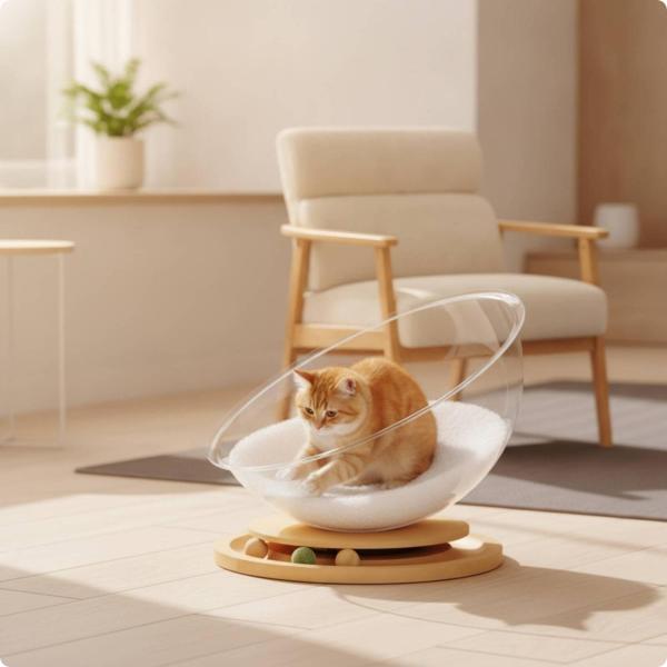 【ユニークなデザイン】: 透明なアクリル素材を採用したドーム型のスペースシップ猫ベッドは、愛猫が中に丸まって寛ぐ様子を360度どこからでも観察できるおしゃれな設計です。【2in1の機能性】: 底部にボールがくるくると回るレールトイを搭載した...