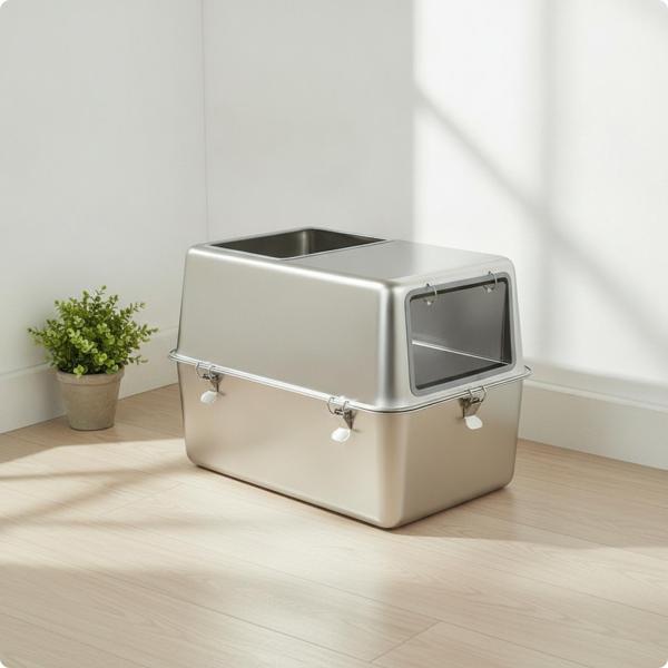【製品素材】: 衛生的で耐久性になステンレス製猫トイレです。プラスチック製と比べて傷がつきにくく、ニオイや汚れが染み込みにくいスムーズな金属仕上げを採用しています。【基本構造】: 愛猫がスムーズに出入りできるフロントエントリー（前面入り口）...
