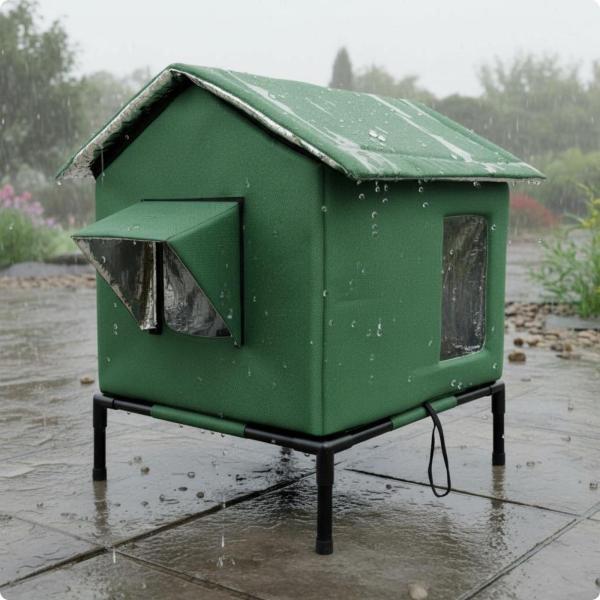 【防水設計】: ペットハウスとして使いやすい高床式の構造で、雨や地面の湿気から猫を守りやすい設計です。屋外でも置き場所を選びにくく、庭やベランダでの使用に向いています。【素材】: 耐久性を意識したオックス布を採用した猫小屋で、外側はしっかり...