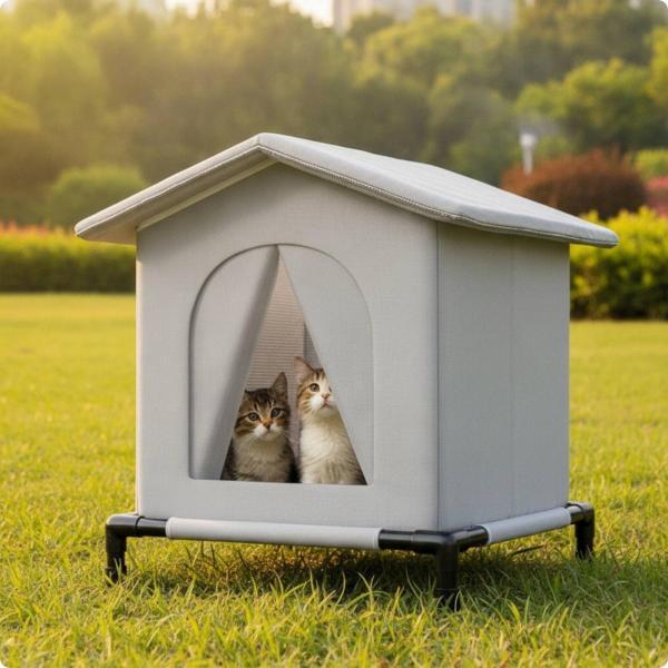 【製品概要】: 切妻屋根が特徴的なハウス型の形状を採用した、屋外設置に最適なペットハウスです。シックなグレーのカラーリングで、お庭やベランダ、軒下などの景観に美しく調和します。【高床設計】: 地面からの湿気や冷気を直接通さないブラックの専用...