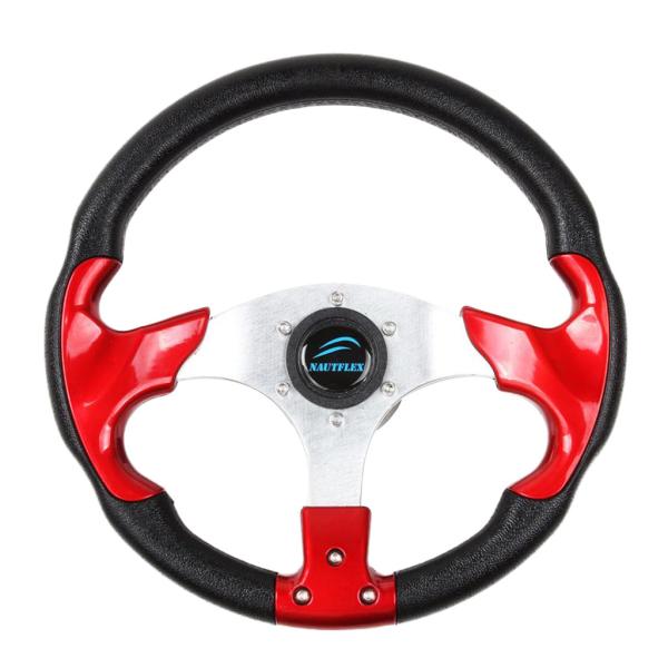 説明:無指向性3スポークステアリングホイールアルミ合金スポーク.PUフォームカバー付きの赤いグリップ付属のブラックのセンターキャップユニバーサルは.標準の3/4インチ(19 mm)テーパーシャフトに適合ほとんどのマリンボート.船舶.ヨット....