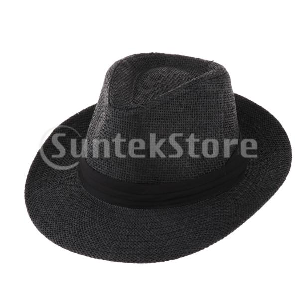 説明:ファッション男性女性夏麦わら帽子スタイリッシュなレトロスタイルわらfedora trilbyパナマ帽子ソンブレロサンボンネットビーチキャップ、広いつばとブラックのバンドデザイン偉大な旅行sunhat、外を歩くときに太陽からあなたを守り...