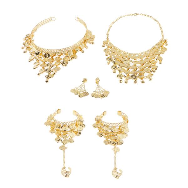 説明:このジュエリーセットは.ネックレー1つ.ヘッドバンド1つ.フープ/クリップオンイヤリング1つ.ブレスレット1つの4種類のアイテムで構成されています.ネックレスと帽子は三角形にデザインされており.丸いコインで構成されており.エキゾチック...