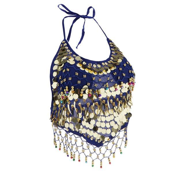 説明:衣装トップ衣装を踊る女性ホルターネック.背中のネクタイ.パッド入りブラジャー.すべてに合うワンサイズ.調整可能. ファッションデザイン.スパンコールタッセル.フロントにビーズフリンジ.ヒップスカーフやダンスパンツにぴったりカラフルなス...