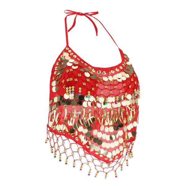 説明:衣装トップ衣装を踊る女性ホルターネック.背中のネクタイ.パッド入りブラジャー.すべてに合うワンサイズ.調整可能. ファッションデザイン.スパンコールタッセル.フロントにビーズフリンジ.ヒップスカーフやダンスパンツにぴったりカラフルなス...