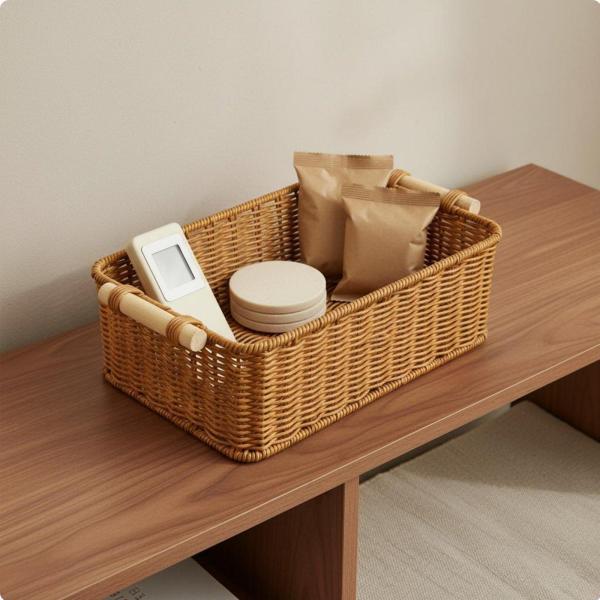 【高品質な素材】: 耐久性に優れたプラスチック素材を使用したラタン風編みかごで、天然素材のような風合いを楽しみながら、湿気や汚れに強くお手入れも簡単です。【便利な持ち手】: 両サイドに木製ハンドル付き収納かごとして設計されており、重いものを...