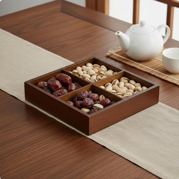 【基本物の質感報】: 天然木を使用した温かみのある風合いが特徴で、和室や茶室の雰囲気を引き立てるお盆として最適です。【機能性】: 便利な仕切り構造を採用しており、お菓子やナッツ類を混ざらずに美しく盛り付けられる仕切り皿として活躍します。【デ...