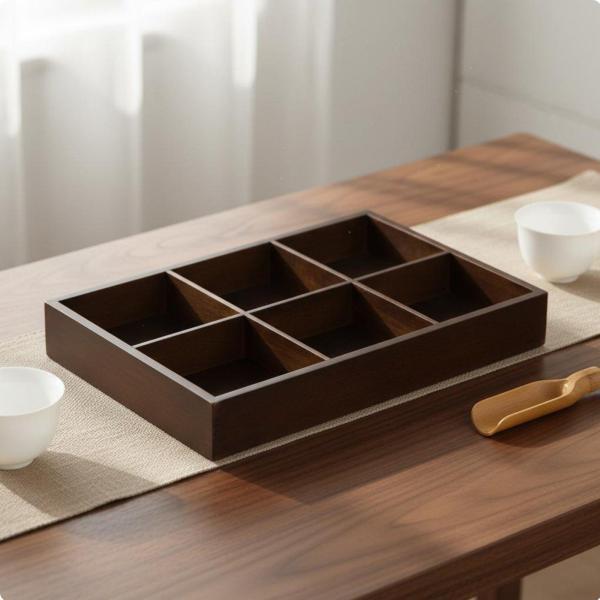 【基本物の質感報】: 天然木を使用した温かみのある風合いが特徴で、和室や茶室の雰囲気を引き立てるお盆として最適です。【機能性】: 便利な仕切り構造を採用しており、お菓子やナッツ類を混ざらずに美しく盛り付けられる仕切り皿として活躍します。【デ...