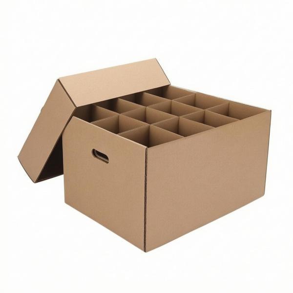 【製品仕様】: 380 x 305 x 255 mmの扱いやすいサイズ設計で、ブラウンカラーの段ボール素材を採用した仕切り付きダンボール箱です。【機能】: 内部に12マスの格子状仕切りインサートを備えており、ボトルや壊れやすい小物を個別に整...