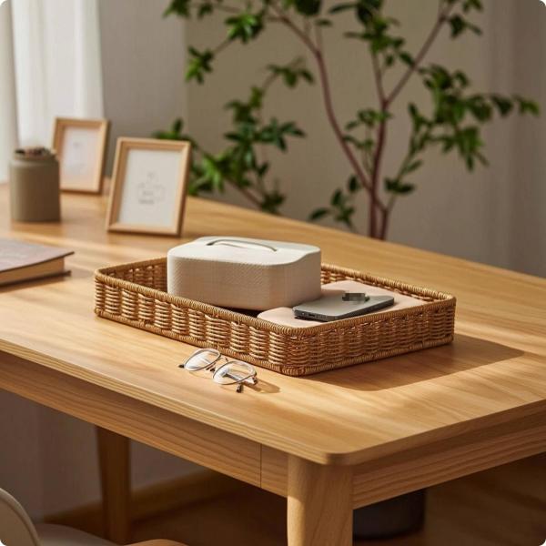 【商品概要】: 温かみのあるライトブラウンのカラーが特徴の、長方形に丁寧に編み込まれたラタン調トレイです。お部屋の雰囲気を損なうことなく、にインテリアに溶け込みます。【機能性】: デスクの上や棚の中をすっきりと片付けるための整理トレイとして...