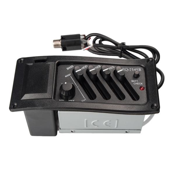 説明:標準的なアコースティックギターやシガーボックスギターに最適な4バンドEQ-7545Rピックアップイコライザーシステム.湾曲したプラスチック表面は.標準的なアコースティックギターの湾曲した側面に適合します. 4バンド(ベース/ミドル/ト...