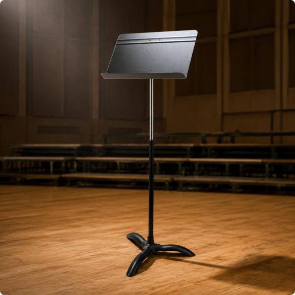 【素材】: 音楽用品として使いやすい金属製の譜面台で、しっかりした作りが日常の練習から演奏会まで安定感を支えます。【高さ調節】: 高さ調節できる譜面台なので、立奏でも座奏でも視線に合わせやすく、演奏中の姿勢を整えやすいです。【用途】: 指揮...