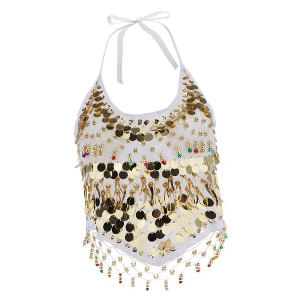 説明:衣装トップ衣装を踊る女性ホルターネック.背中のネクタイ.パッド入りブラジャー.すべてに合うワンサイズ.調整可能. ファッションデザイン.スパンコールタッセル.フロントにビーズフリンジ.ヒップスカーフやダンスパンツにぴったりカラフルなス...