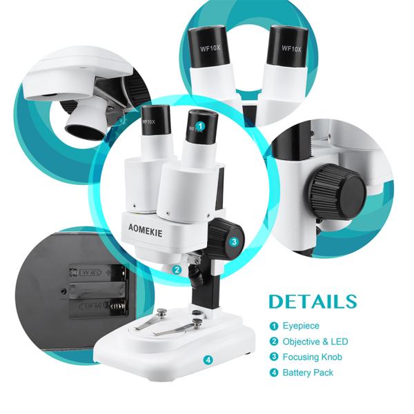 説明:家庭用または授業用のステレオ顕微鏡では.生徒や趣味主義者が身体標本.岩.切手.宝石類.および手渡しや操作を必要とする大きな標本を検査できます.10倍と20倍の広い視野の接眼レンズ.調整可能な瞳孔距離.および45度の傾きを備えた前方実装...