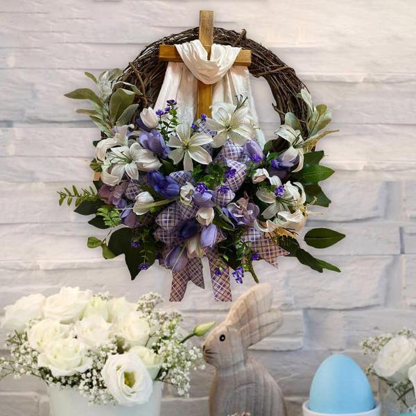 説明:ハッピー イースター リース: このイースター シミュレーション リース ガーランドの装飾は.エネルギーに満ちています.[吊り下げ飾り]玄関.家.店舗.学校.幼稚園の飾り付け.アウトドアや撮影の小道具に最適です.イースター クロス リ...