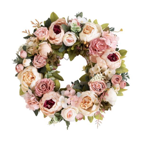 説明:[装飾付き春のリース]: 玄関のリースは緑の葉と人工の牡丹の花の装飾が特徴で.リアルな視覚効果と春夏の雰囲気があります. [手作りリース]: 人工牡丹リースは布とABS素材で作られており.明るい色.リアル.環境に優しく.再利用可能.耐...