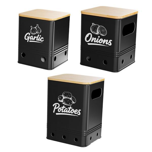 説明: [素材]: ジャガイモ.タマネギ.ニンニクの保存容器は鉄と竹の素材で作られており.頑丈で耐久性があり.長持ちします. [通気孔付き]: 竹製の蓋が付いたキッチンキャニスターセットには通気孔があり.空気の循環を助け.野菜をしっかりと保...