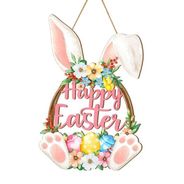 説明:[お祝いの装飾]イースターバニードアサインは.明るいイースターカラーと魅力的なウサギのデザインが特徴で.イースターエッグと花が添えられ.「Happy Easter」という言葉がプリントされています. [素材]: このイースター木製吊り...