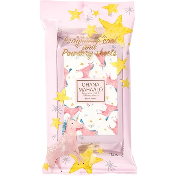 「商品情報」人気のフレグランスショップオハナ・マハロ」の限定ボディシート！オハナ・マハロフレグランスクール＆パウダリーシート15シート入！拭きとった瞬間、みずみずしくシャワーを浴びたような爽快感と香りに包まれるボディ用拭きとりシート。腕、首...