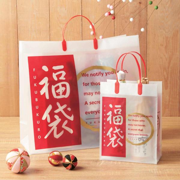 新春のお楽しみ！人気の福袋●サイズ／45×17×40cm 厚み：0.15mm●素材／半透明ポリエチレン製ハード型 両面印刷 持ち手：PP樹脂●その他仕様／底ボール紙付き