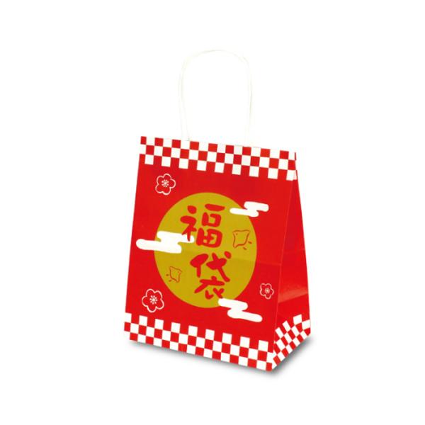 新春のお楽しみ！人気の福袋●サイズ／20×12×25cm 厚み：80g／平方メートル●素材／片ツヤクラフト紙 両面印刷 持ち手：紙丸ひも