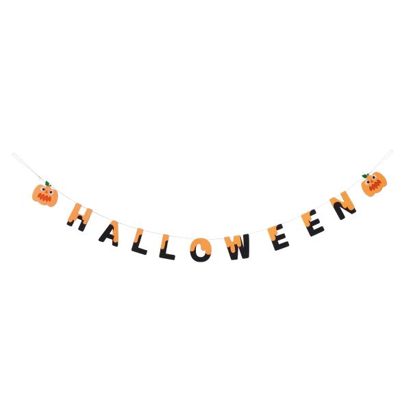フェルト製のカボチャと「HALLOWEEN」の文字の飾りの付いたフェルトガーランド。ハロウィンツリーや壁やレジカウンターに吊るしたり、テーブルに置いたり、陳列棚やワゴンや看板に巻いたりして秋らしいディスプレイに。●素材／フェルト●サイズ／高...