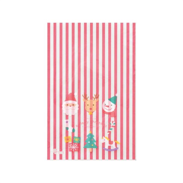クリスマスプレゼントのラッピングに便利な透明袋。焼菓子や雑貨のセットアップにピッタリ。前面の透明部分から中身が見え、商品の魅力を引き立てます。●素材／OPP0.03mm厚 両面印刷(表：透明地に柄と文字 裏(内)：白地にストライプ)●サイズ...