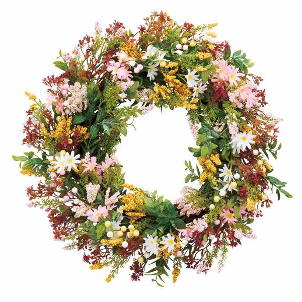 春らしい花とグリーンをあしらったフラワーリースです。玄関、ドア、壁面に掛けるだけで、春らしい季節感と華やかさを演出できます。●素材／発泡スチロール・ポリエステル・天然素材・紙●サイズ／直径60.9×奥行15cm●重量／0.9kg●特記事項／...