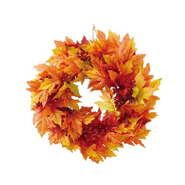 色鮮やかな紅葉の葉をふんだんに使ったリースです。ラタンを組み合わせたナチュラルな仕上がりです。<br>壁やドアに掛けるだけで、簡単に秋らしい店舗ディスプレイになります。●素材／ポリエステル・プラスチック・ラタン(籐)●サイズ／直...