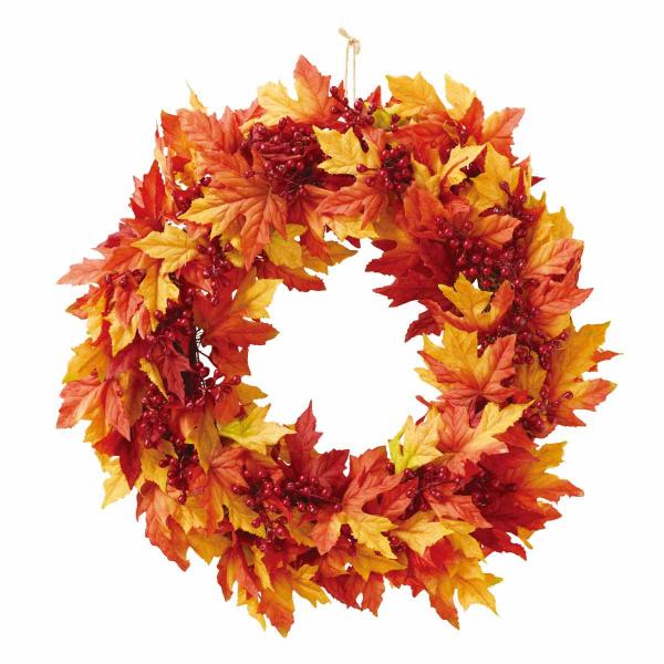 色鮮やかな紅葉の葉をふんだんに使ったリースです。ラタンを組み合わせたナチュラルな仕上がりです。<br>壁やドアに掛けるだけで、簡単に秋らしい店舗ディスプレイになります。●素材／ポリエステル・プラスチック・ラタン(籐)●サイズ／直...