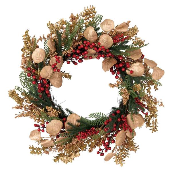 金色の葉っぱが印象的なクリスマスリース。壁に吊るして簡単に飾ることができます。テーブルやレジカウンター立てかけたり、リーススタンドに吊るせば壁がないところにも飾ることができます。オフィスインテリアにもおすすめ。●素材／ポリエステル・発泡スチ...