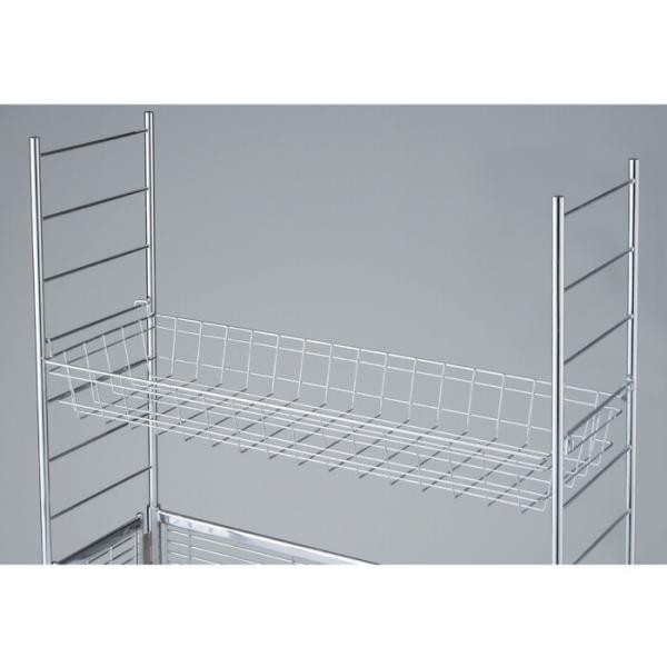 ワゴン上部を有効活用するための上置きカゴです。ワゴン単体での使用に比べて、多くの商品を陳列できます。【サイズ】幅120×奥行30×高さ70cm ネットピッチ：5cm 線材：カゴ直径3.2mm 枠部分：直径6mm【素材】スチール製 クロームメ...