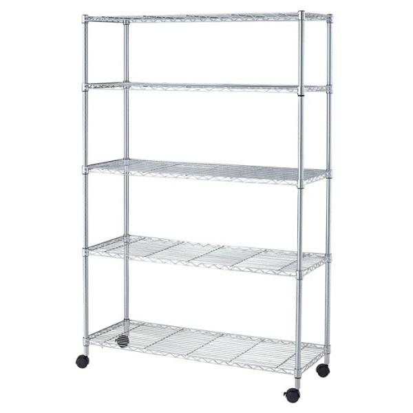 棚の編み方をタテ線材からヨコ線材に変更したローコストタイプです。定番のワイヤーラックをリーズナブルな価格でご提供。【サイズ】D45.7cm W121.2cm キャスター装着時：H186.7cm【素材】スチール製 クロームメッキ【その他仕様】...