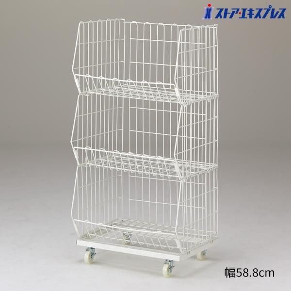 3段までスタッキングができ、大量陳列が可能なジャンブルバスケット！【サイズ】W58.8×D46.3×H117.7cmカゴ：H(前11.4・後35.4)cm 線材：カゴ4mm 枠部分6mm【素材】スチール製 粉体塗装【重量】13.5kg【その...
