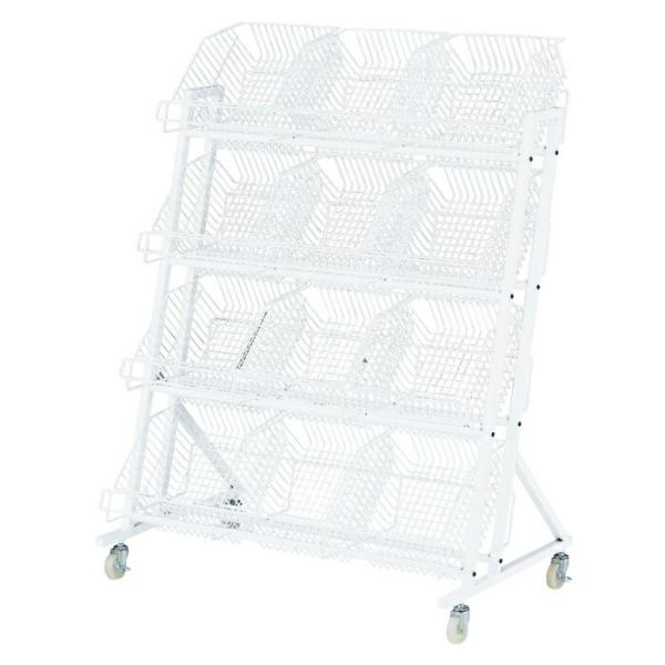 1台でシステム什器に匹敵する陳列力を誇る、大人気シリーズです。カゴの置き方によって角度が変わります(2通り)。【サイズ】幅93×奥行60×高さ126cmカゴ：幅29×奥行33×高さ(前9.6・後20.6)cm 底部:幅26×奥行29.5cm...