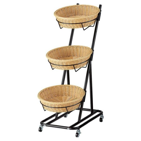 店頭やレジ前などのスペースでの商品陳列に便利な3段バスケット什器です。お店の雰囲気に合わせてあらゆる商品の陳列に対応できます。【サイズ】幅40×奥行58×高さ104cmベース：幅38×奥行58cmバスケット：直径40×高さ10cm【素材】フ...