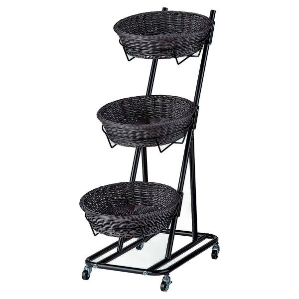 店頭やレジ前などのスペースでの商品陳列に便利な3段バスケット什器です。お店の雰囲気に合わせてあらゆる商品の陳列に対応できます。【サイズ】幅40×奥行58×高さ104cmベース：幅38×奥行58cmバスケット：直径40×高さ10cm【素材】フ...